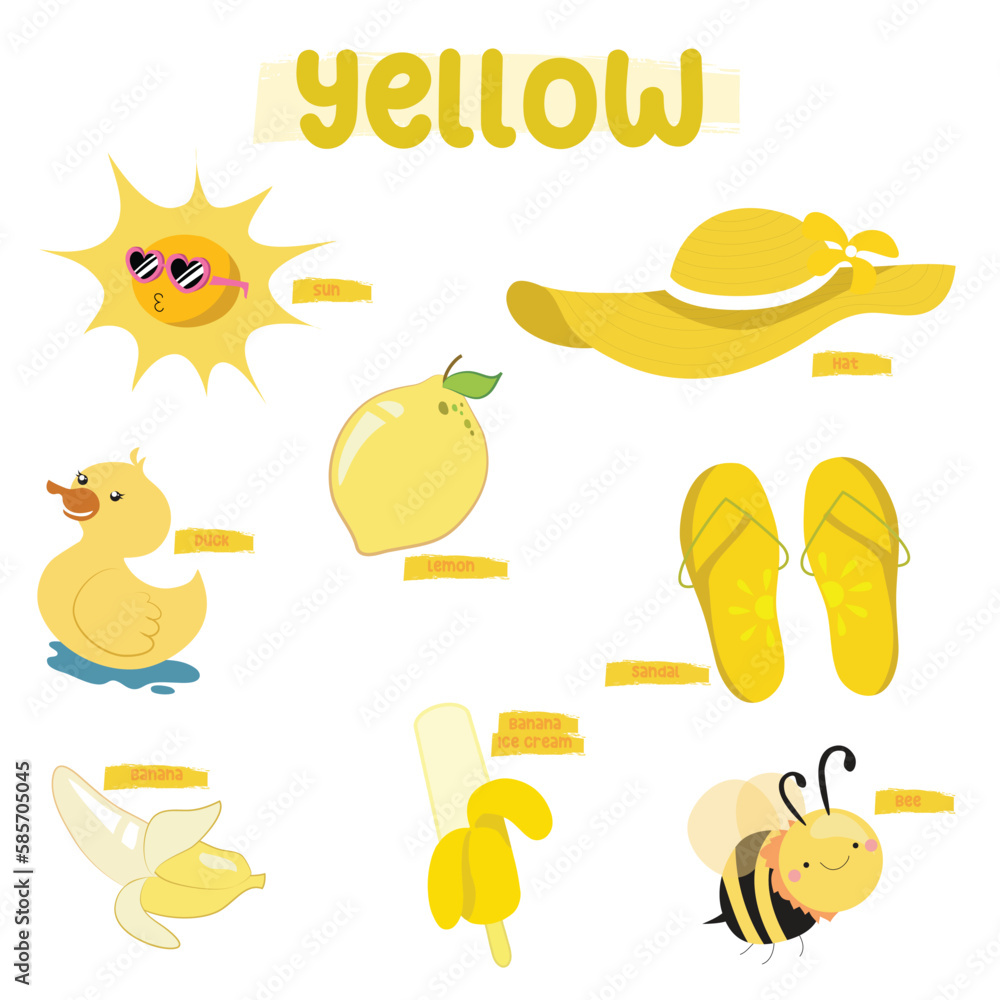 Set Of Yellow Color Objects Primary Colours Flashcard With Yellow Elements Learning Colors For