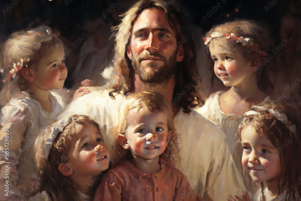 Jesus Christ with joyful children - Fine art oil painting style Christian art Stock Illustration ...