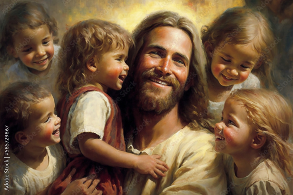 Jesus Christ with joyful children - Fine art oil painting created with Generative AI Stock ...