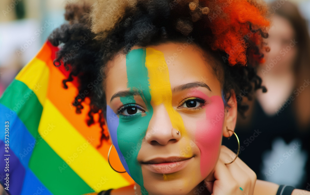 Colored woman with her face painted in LGBT Pride rainbow colors and a ...