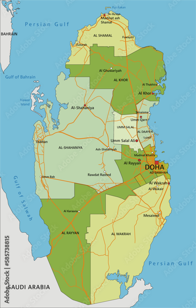 Highly detailed editable political map with separated layers. Qatar ...