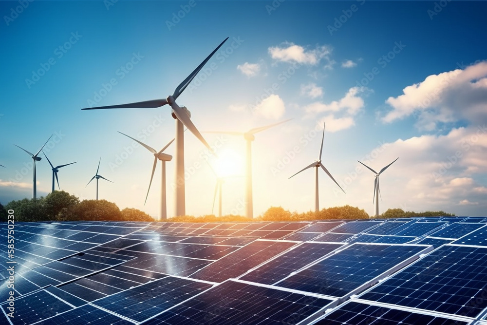 Stock-Illustration „Renewable Energy Landscape Concept with Solar panels and Wind turbines ...