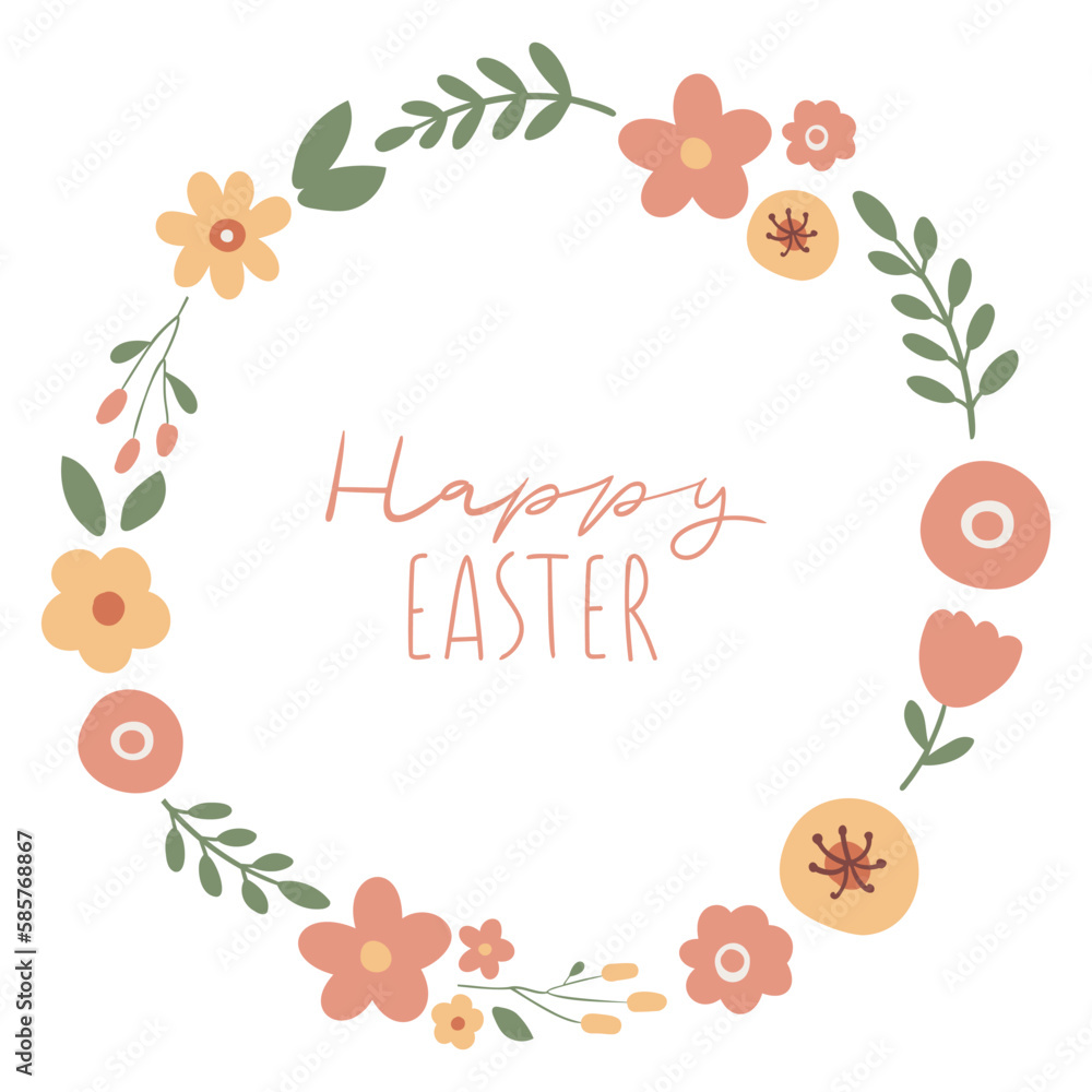 Happy Easter wreath card, Cute bunny illustration clipart, Floral ...