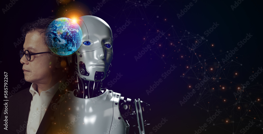 Robot and human with earth global on futuristic vitual background. AI artificial intelligence ...