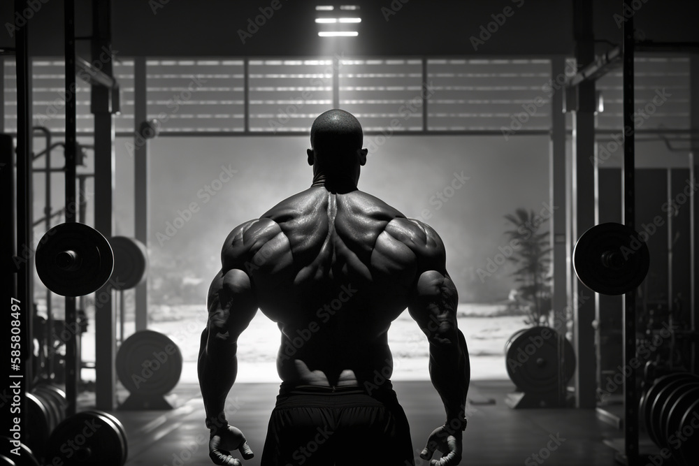 Muscular black bodybuilder with gym. Rear view of bald athlete with ...