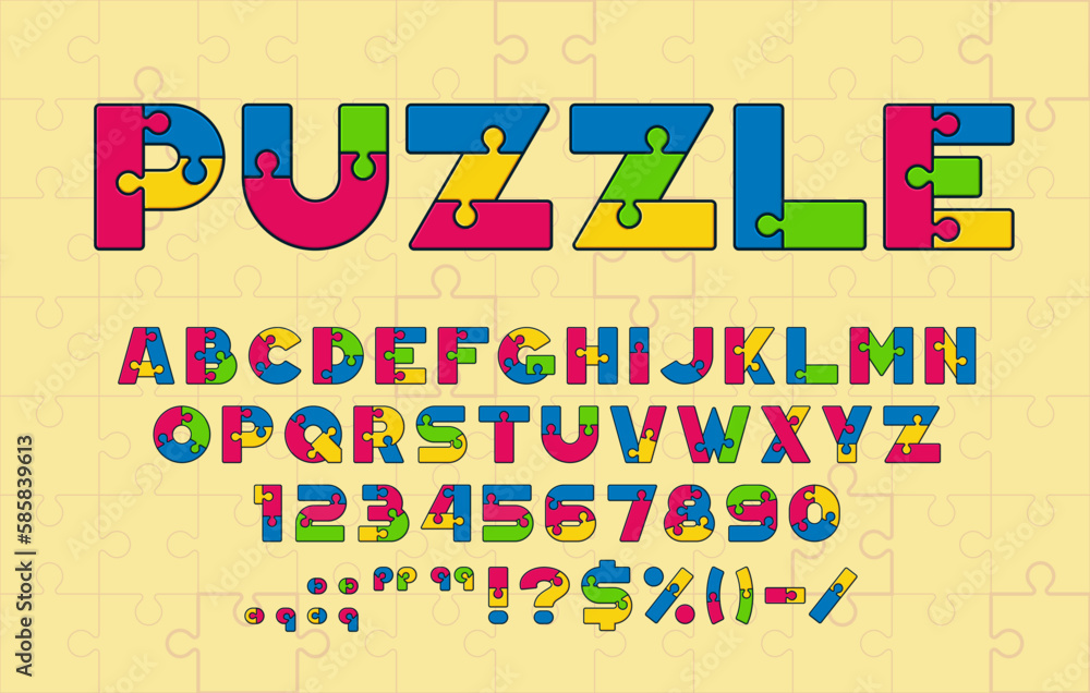 Puzzle font or type. Jigsaw typeface alphabet. Vector colorful ...