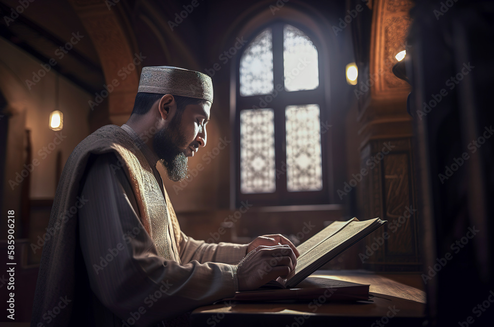Generative AI illustration of a Muslim man reading the Quran in the mosque with light coming ...