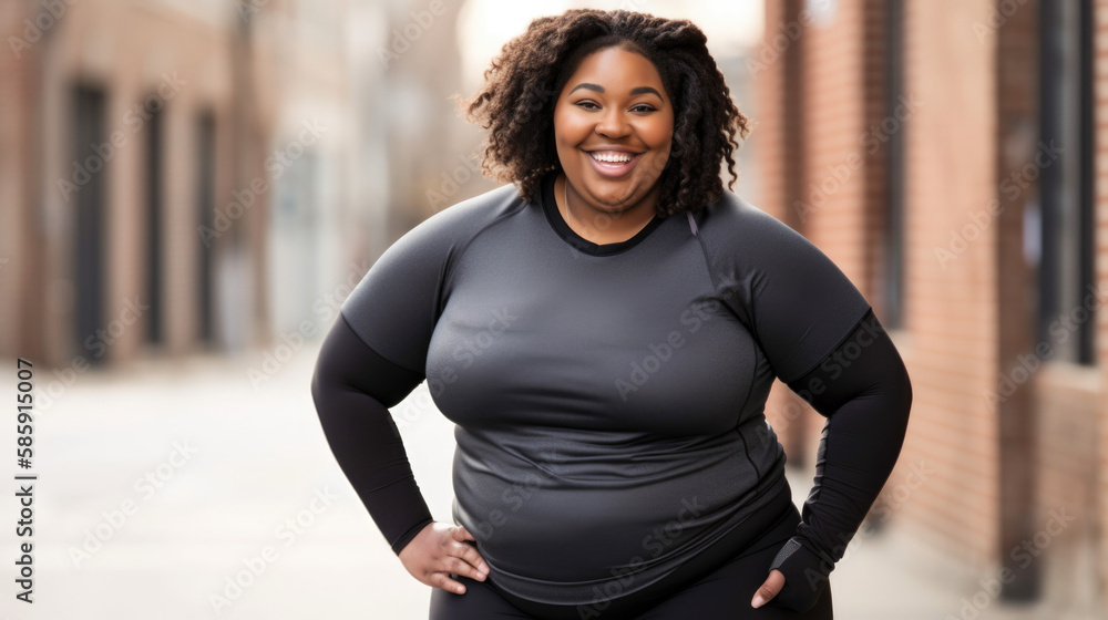 Beautiful Smiling Happy Plus-Sized Woman of Colour Exercising. Large ...