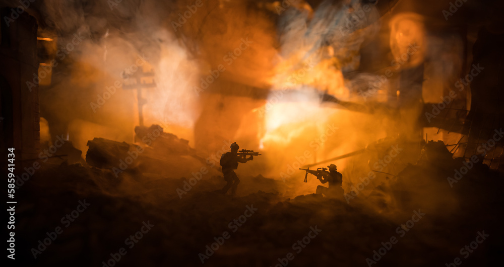 War Concept. Battle scene on war fog sky background, Fighting ...
