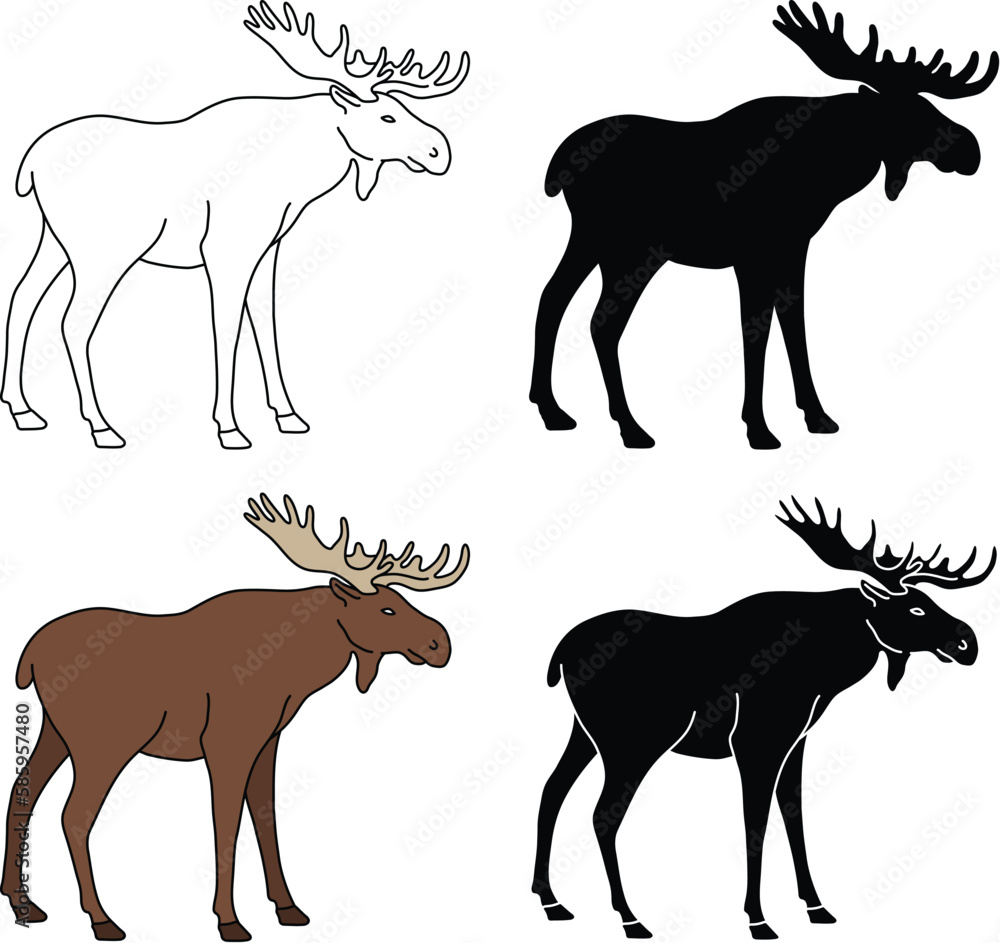 Moose Clipart Set - Outline, Silhouette & Color Stock Vector | Adobe Stock