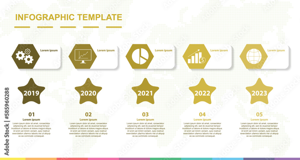 Gold infographic template with Five titles, Diagram with steps ...