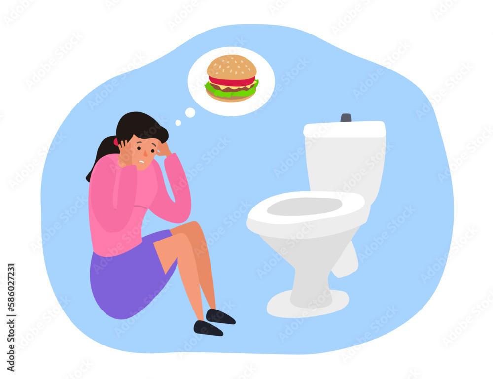 bulimia disease woman sitting next to toilet bowl think about burger fast food vector ...