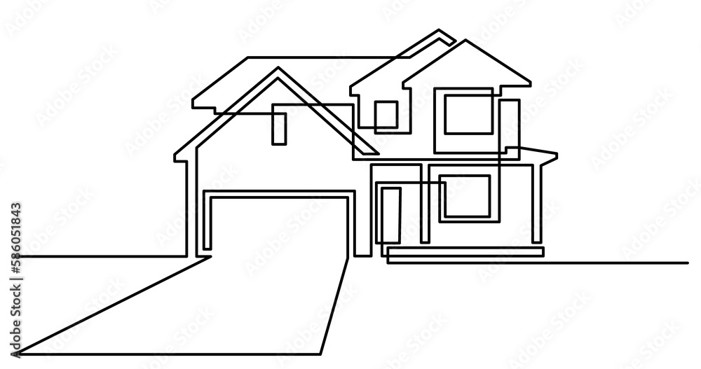 continuous line drawing of large suburban house with driveway as real ...