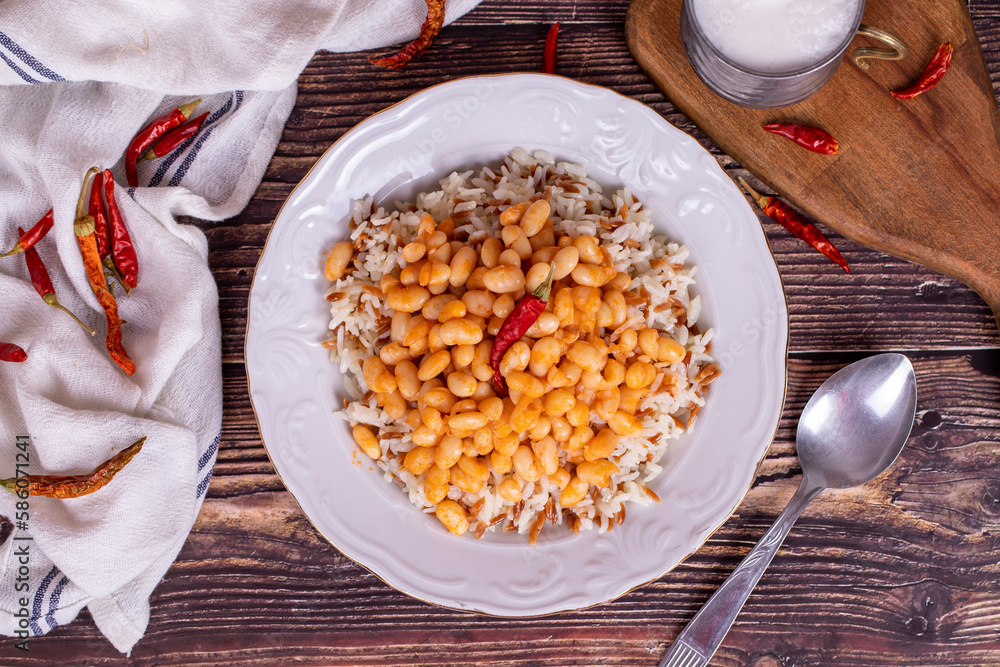 Dry bean pilaf. Traditional Turkish cuisine. Turkish dry beans and rice ...