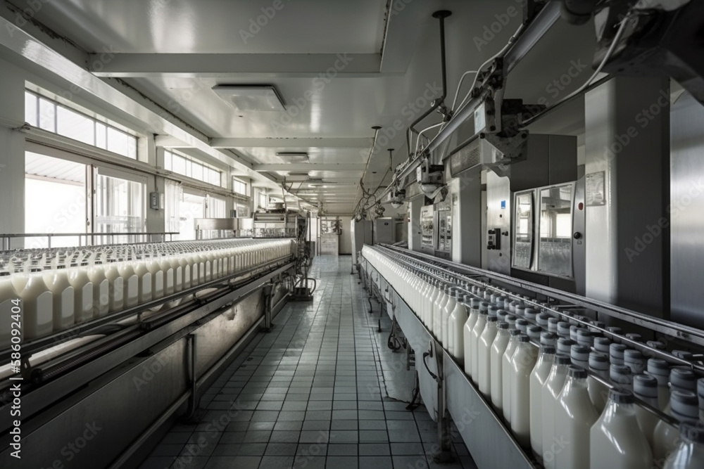 Scene from a milk factory, where milk bottles are moving along a ...