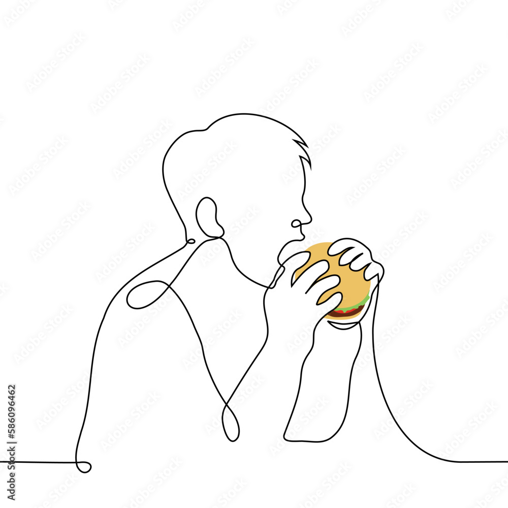 man eating burger with mouth wide open - one line drawing vector. the ...