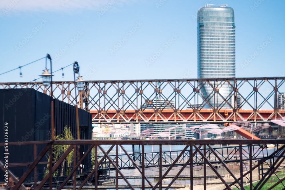 Metal bridge over the river Sava and urban skyline of Belgrade ...