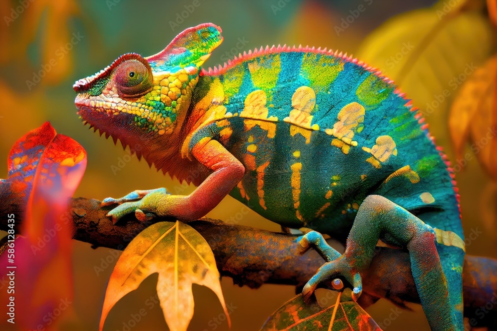 chameleon in the midst of changing colors, its skin shimmering with new ...