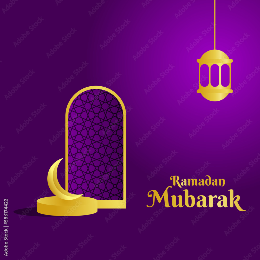 Illustration of ramadan mubarak design, with golden crescent moon above ...
