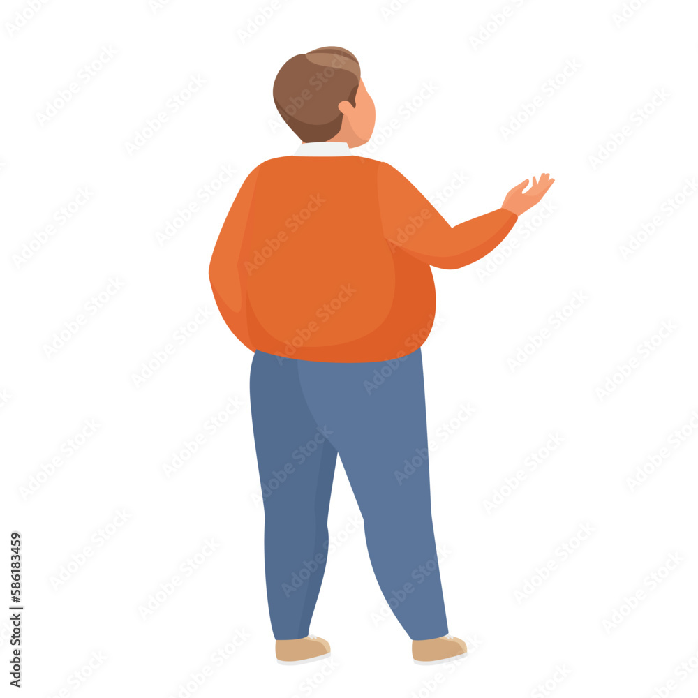 Back view on standing fat man. Obese boy with hand up, pointing chubby ...