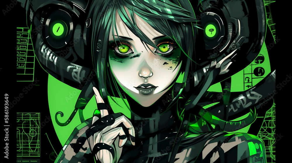 Dangerous Cyberpunk Cyborg Anime Girl with a green theme, created with ...