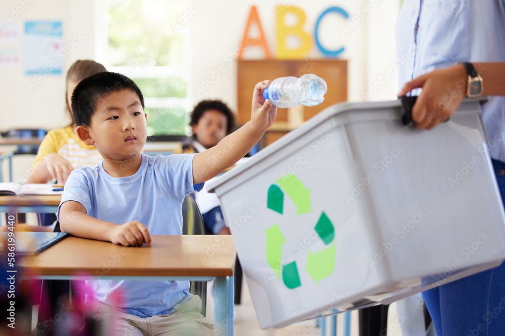 Teacher, recycle bin and kid in classroom throwing trash for cleaning, climate change or eco ...