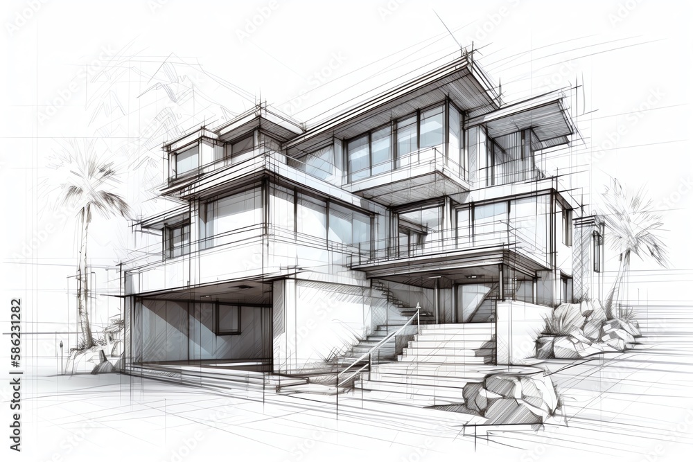 Sketch of modern cozy villa house on the white background. Design ...