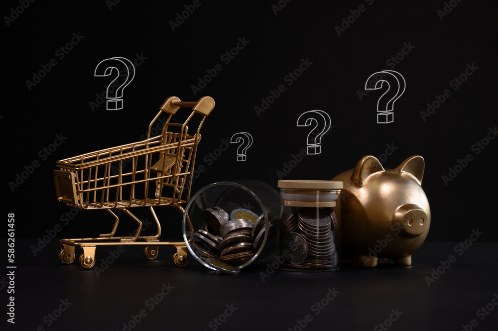 A small house-style golden pig with a question mark. The concept of ...