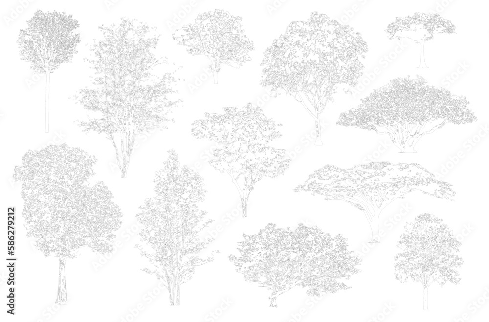 Image vectorielle Stock Minimal style cad tree line, Side view, set of ...