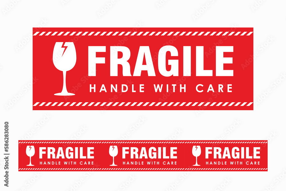 Red fragile warning label, fragile label with broken glass symbol ...