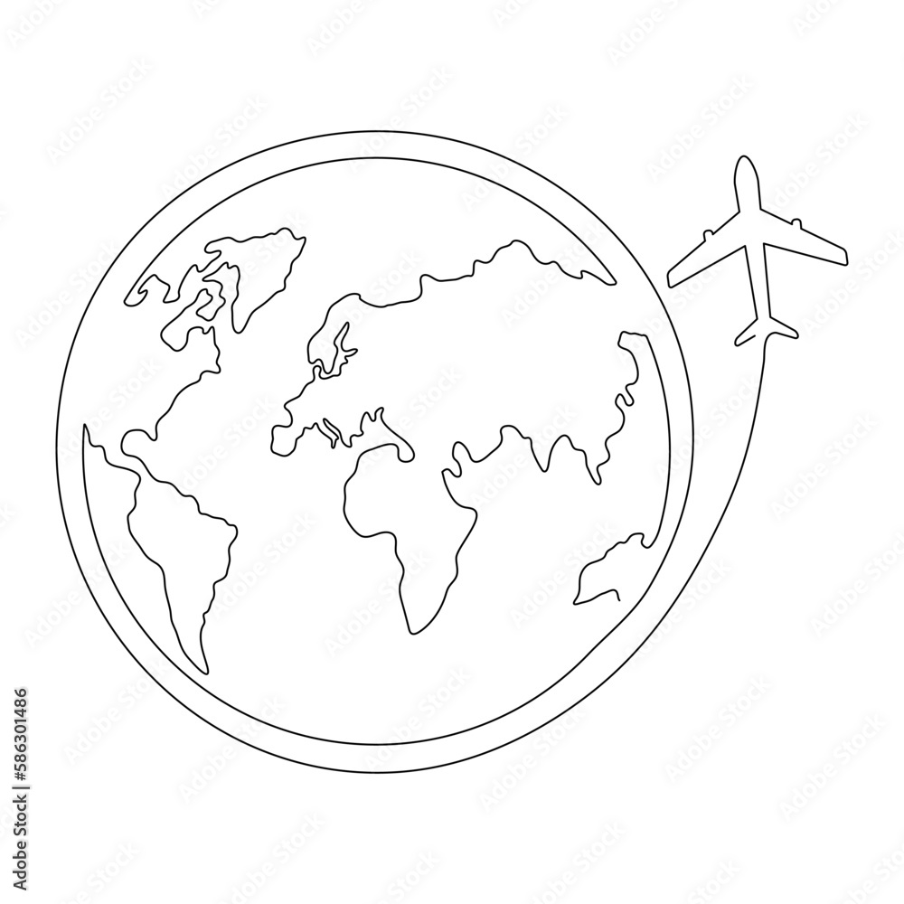 World map with flying airplane one line art. Continuous Earth globe ...