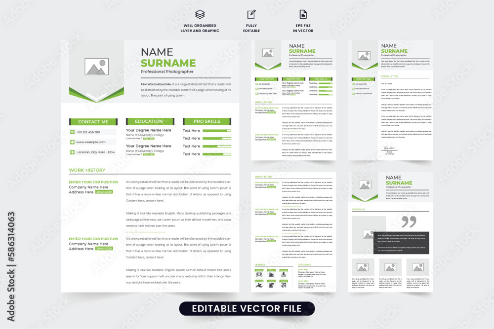 Professional employee CV and profile layout vector with green and dark ...