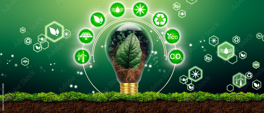 Foto Bulb as energy efficiency concept. Renewable energy by 2050 Carbon ...