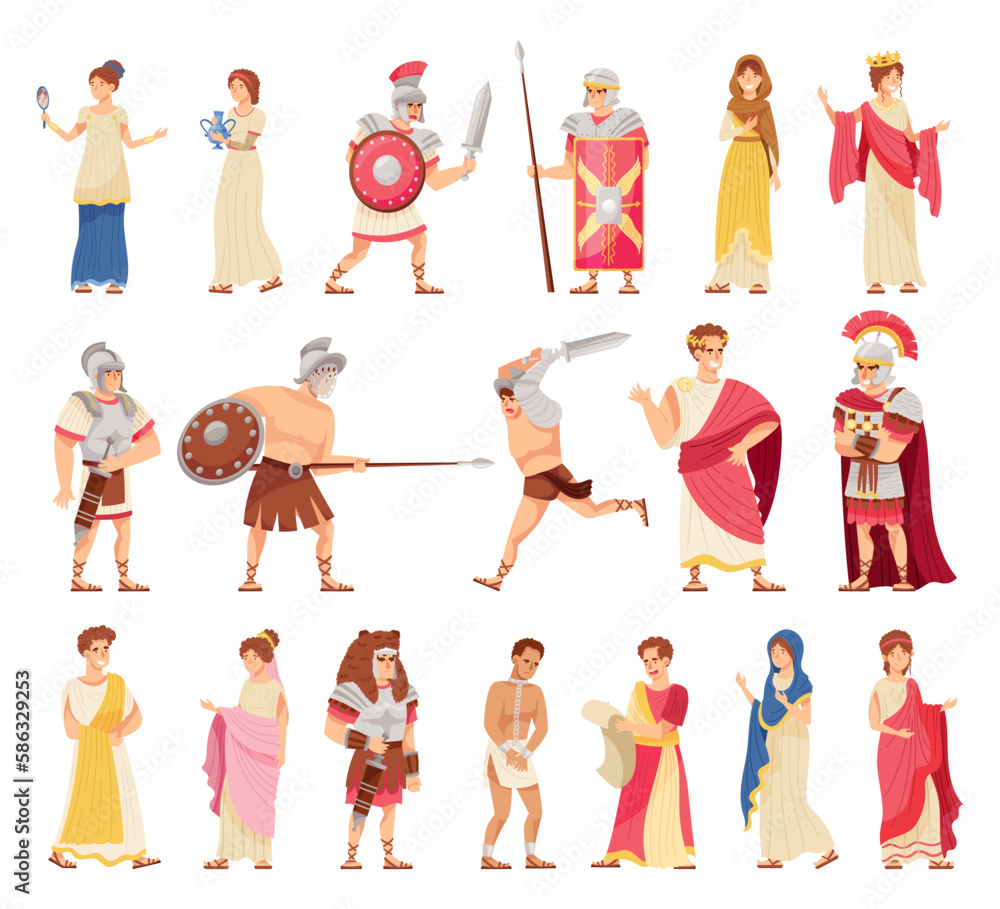 Romans Man and Woman in Traditional Ethnic Clothing with Warrior and Emperor Big Vector Set ...