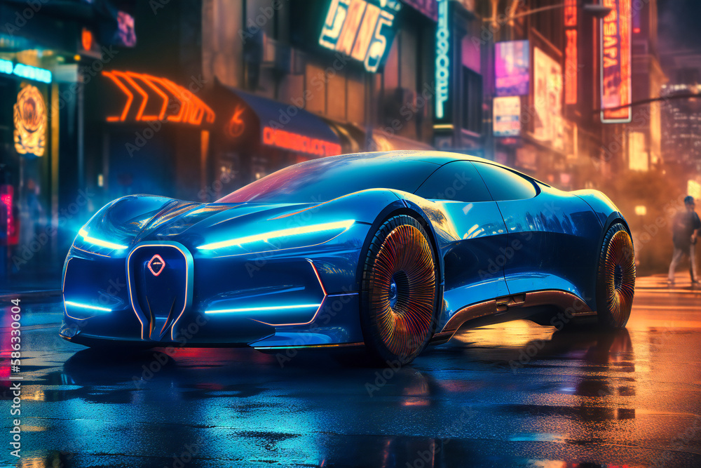 An innovative electric vehicle dashes through a visionary city, setting ...