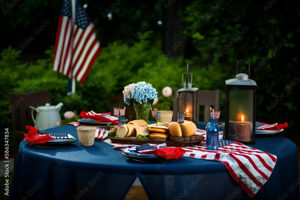 A beautiful evening dinner table set with festive American decorations ...