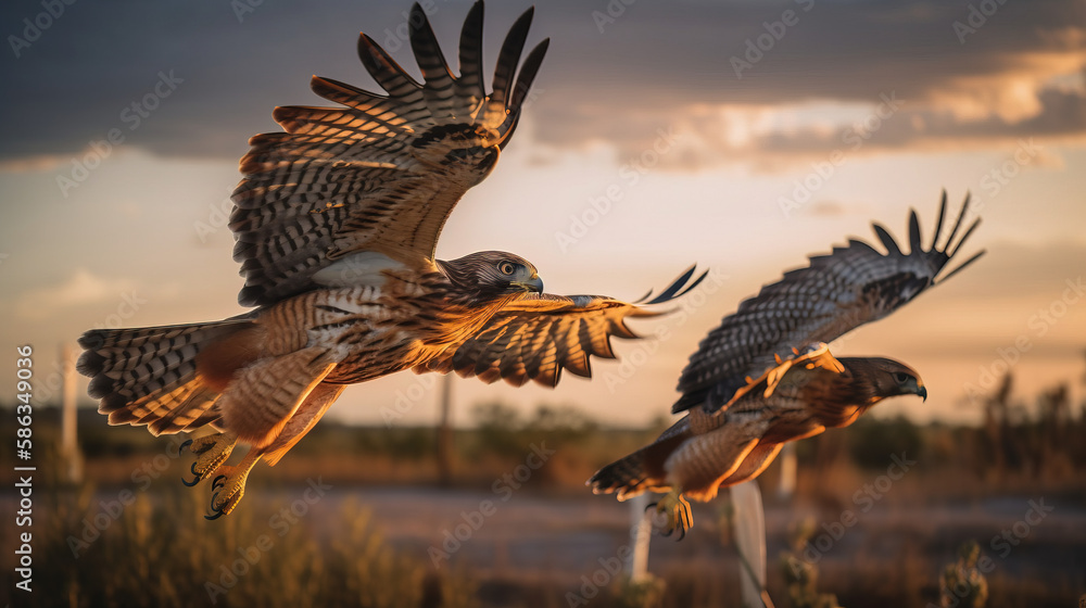 Hawks flying in the wild at golden hour. Beautiful shallow focus depth ...