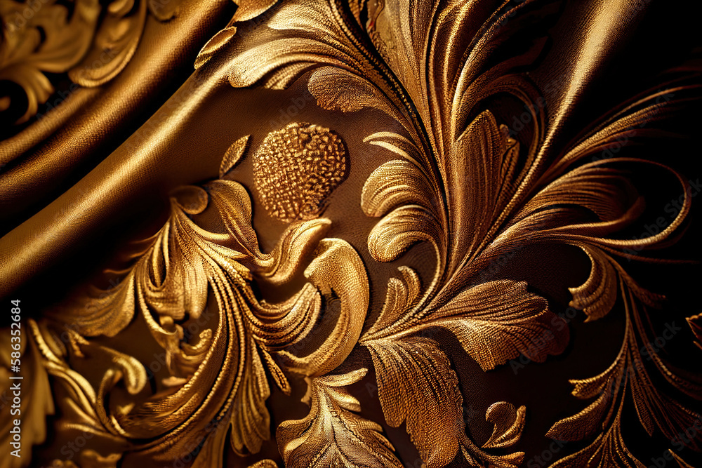 Luxurious gold brocade draped fabric with embroidered floral pattern ...