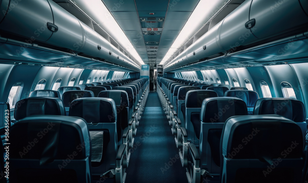 nterior of empty modern aircraft with blue flight seats and hallway in ...