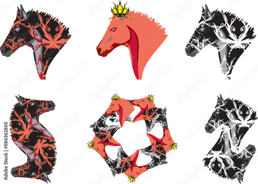 Ornamental horse head and symbols from it for prints on T-shirts or ...