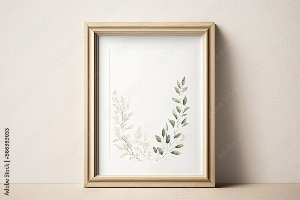 simple wooden frame with delicate green branch and its pencil sketch in ...