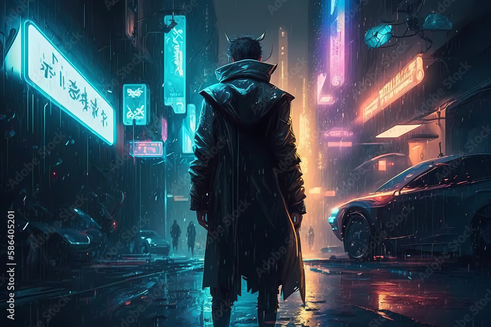 Cyberpunk man in a raincoat on night neon futuristic city background ...
