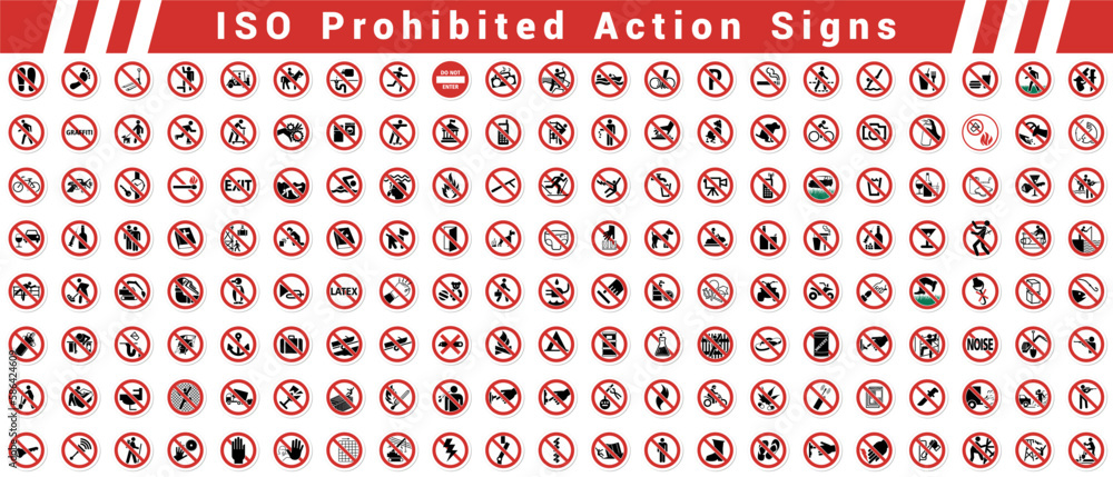 set of ISO PROHIBITED ACTIONS SIGNS pack collection Stock Vector ...