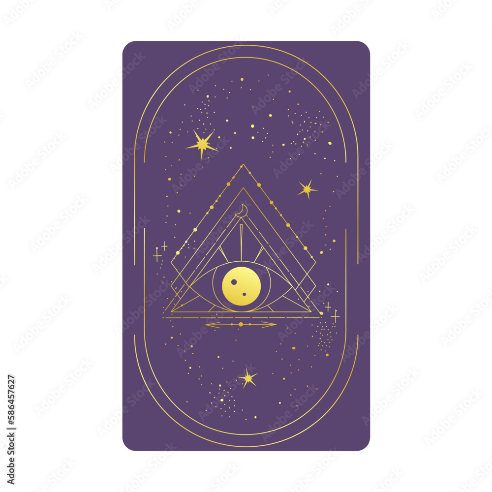 Tarot card gold with mystic eye pyramid in frame isolated. Boho esoteric tarot card with eye and ...