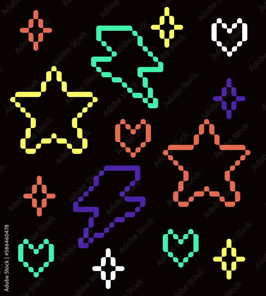 Pixle 8 bit pattern vector background mosaic star, heart, and thunder ...