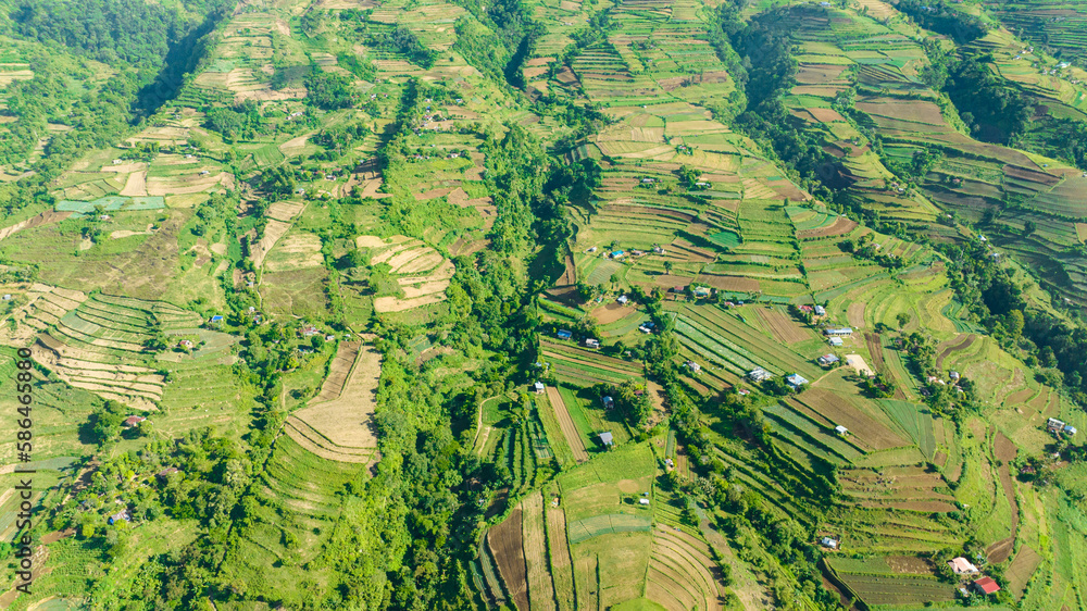 Agriculture and farmland view from above in a mountainous area near the ...