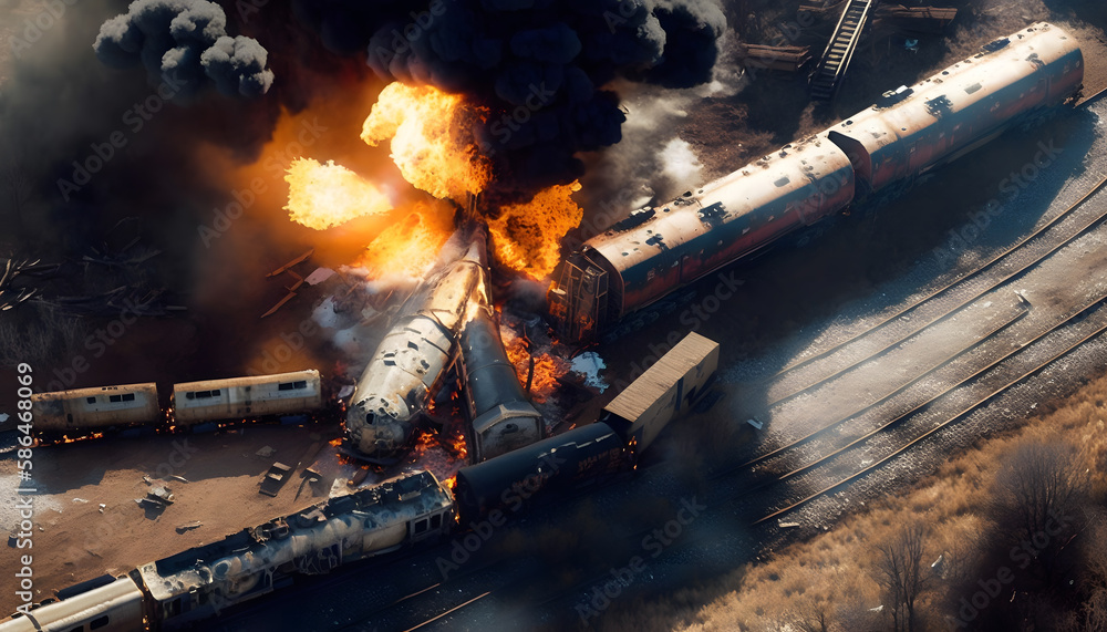 Incident on railway, Train passenger and tanks burning fire with ...