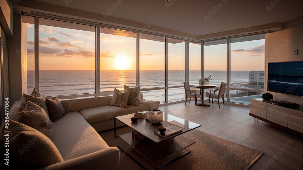 Inside a beach condo looking out into the ocean sunsetting reflective ...