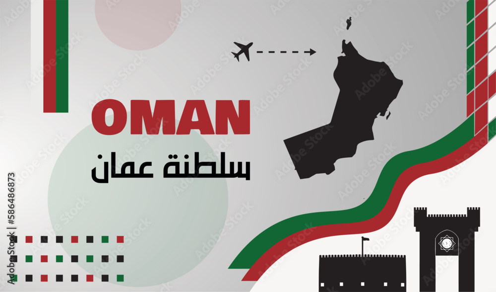 Oman flag colors theme background with Map and Landmarks Stock Vector ...