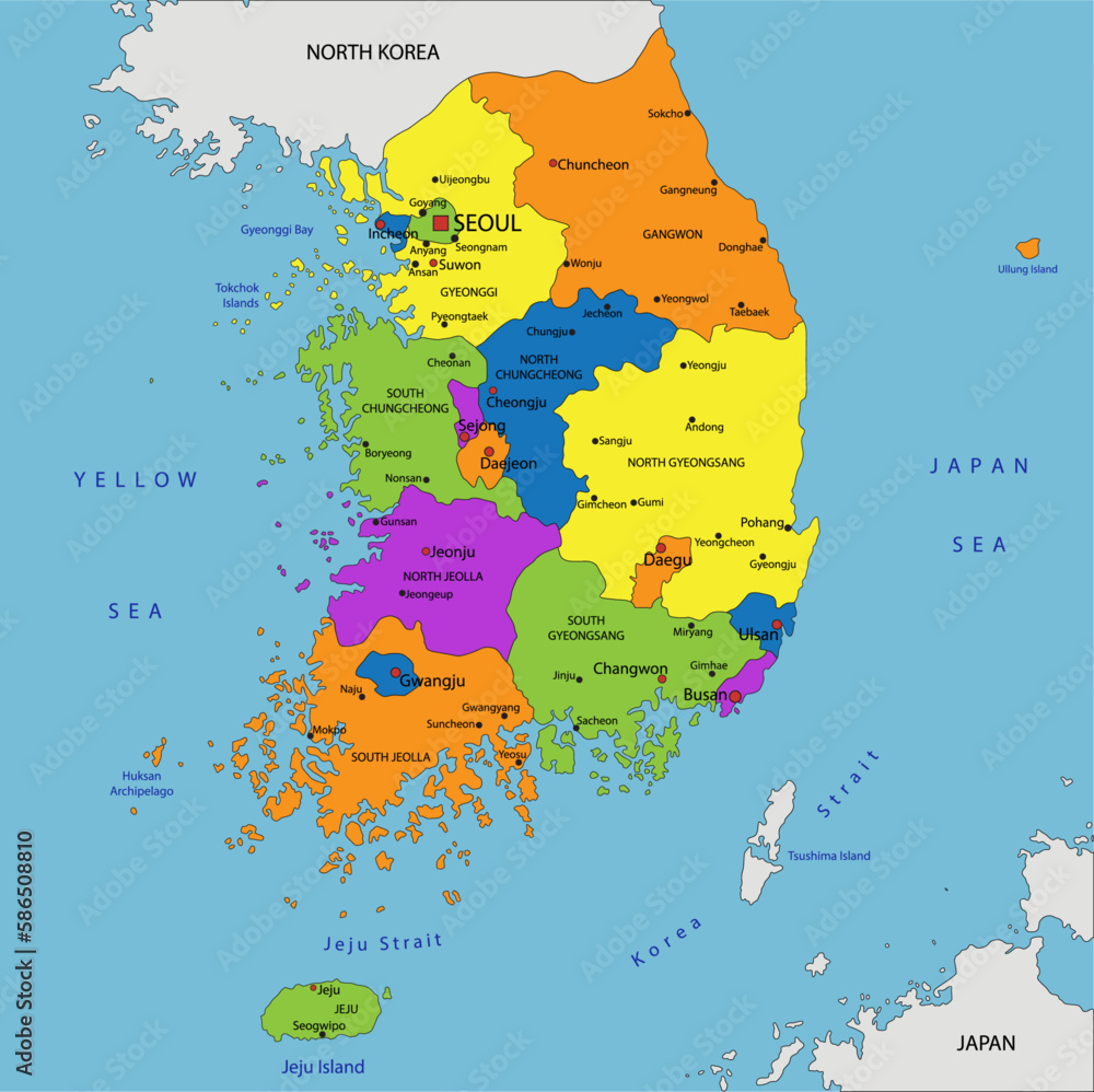 Colorful South Korea political map with clearly labeled, separated ...